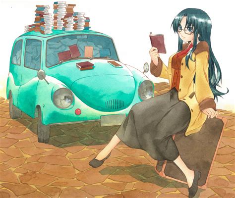 Safebooru 1girl Absurdres Black Hair Blue Eyes Book Breasts Car Coat