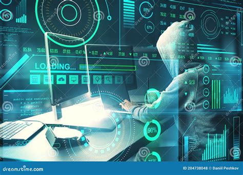 Hacker At Desktop Using Computer Stock Photo Image Of Hand Hood 204738048