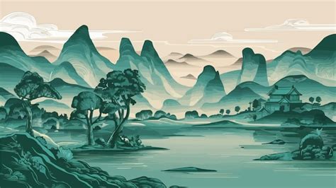 Paisaje De Montaña Y Lago De Fondo Chino En Estilo Tradicional Oriental