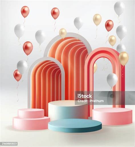 아치와 풍선이 있는 제품 프레젠테이션을 위한 연단 벡터 일러스트 레이 션 아치 건축적 특징에 대한 스톡 벡터 아트 및 기타 이미지 아치 건축적 특징 디지털 생성 이미지