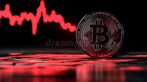 Bitcoin Cryptocurrency Coin Standing On A Surface With Red Decreasing Graph Showing Negative