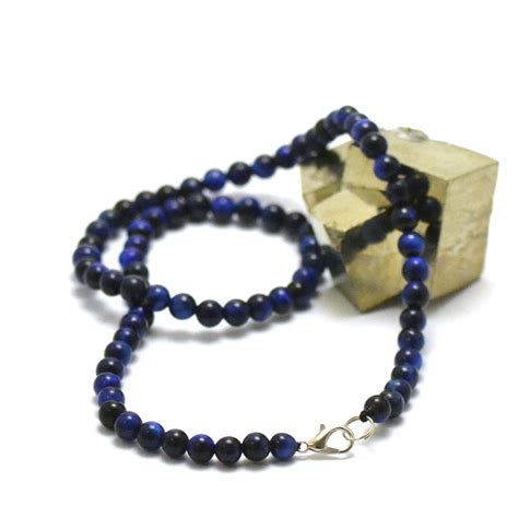 Collier oeil de tigre bleu perle ronde mm Collier Oeil de tigre couleur Miracles minéraux