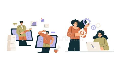 Business Concept With Man And Woman Character Engaged In Workflow Deal With Project Vector Set