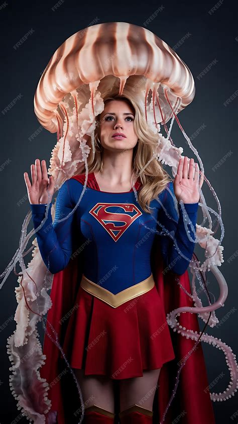A Woman In A Superhero Costume Is Standing On A Wire Fence Premium Ai