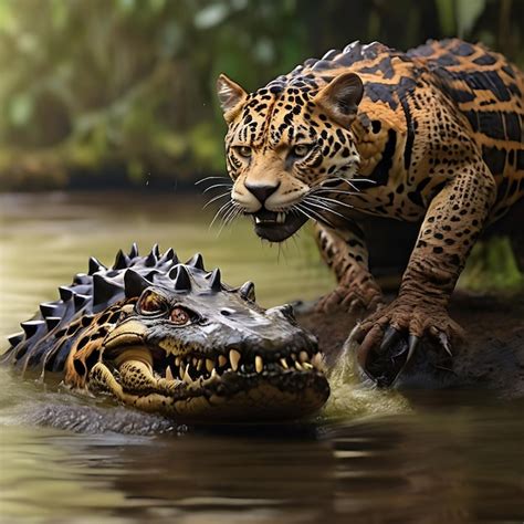 El jaguar cazando un cocodrilo en un río pantanoso Foto Premium