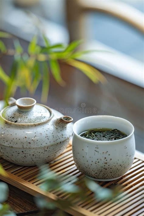 Traditional Japanese Tea Ceremony With Two White Tea Cups Teapot And