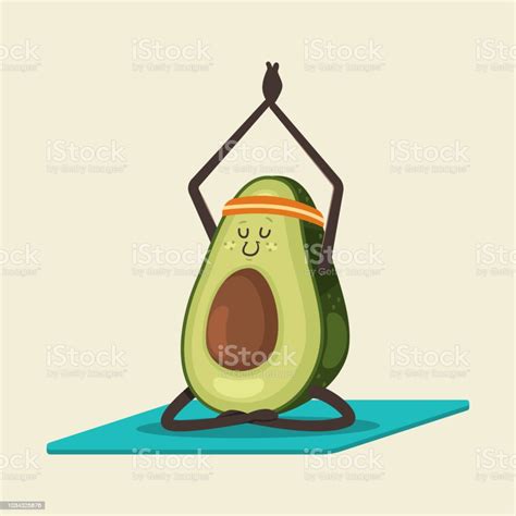 요가 포즈에 귀여운 아보카도입니다 재미 있는 벡터 만화 과일 문자 배경에 고립 건강 한 식습관 및 피트 니스 유머에 대한 스톡