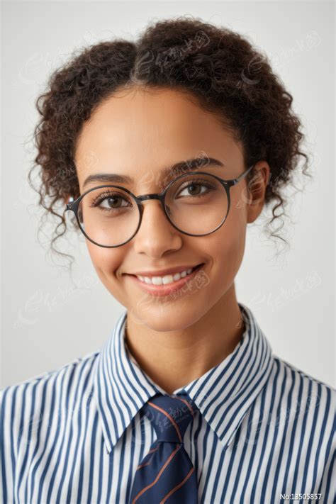 微笑的女人戴着眼镜穿着条纹衬衫和领带图片下载 红动中国