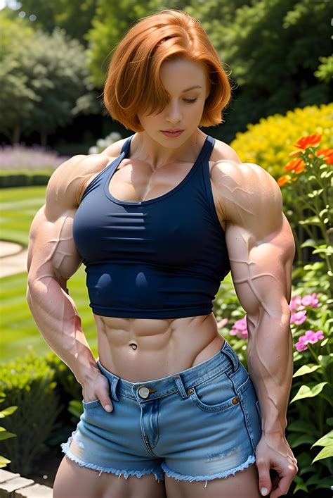 Buff Redhead Girl Posing At The Garden Clothes By