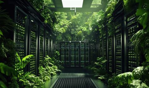 Futuristic Data Center Integrated With Lush Greenery Showcasing Advanced Technology