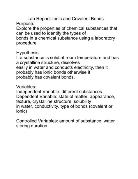 Ionic And Covalent Bonds Lab Report