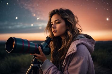 Premium Photo Girl Looking At The Moon Through A Telescope