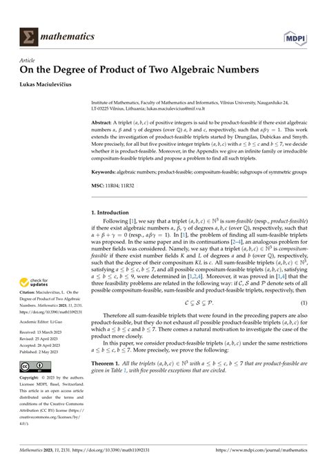 Pdf On The Degree Of Product Of Two Algebraic Numbers