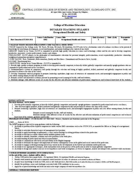 Occupational Health And Safety Syllabus Sy2020 2021 Pdf