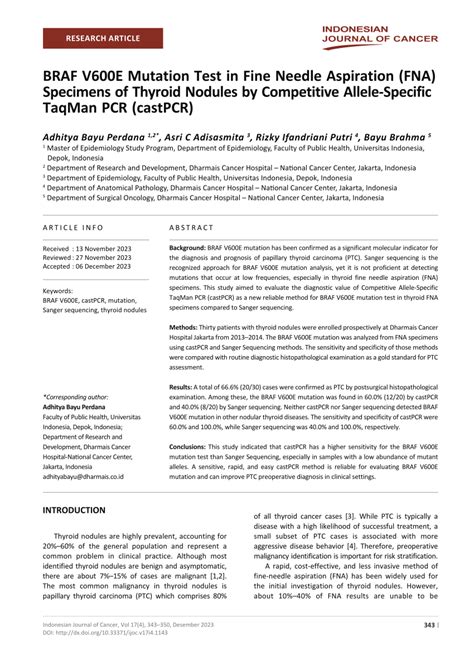 Pdf Braf V600e Mutation Test In Fine Needle Aspiration Fna Specimens Of Thyroid Nodules By