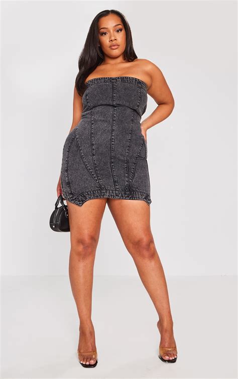 Plus Washed Black Seam Asymmetric Denim Mini Dress Plus Size