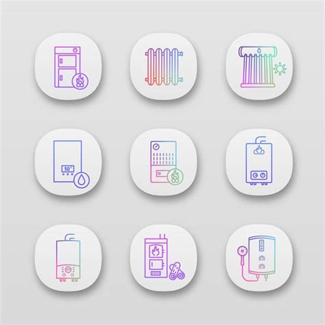 Heating App Icons Set Boilers Radiators Water Heaters Gas Electric Solid Fuel Pellet