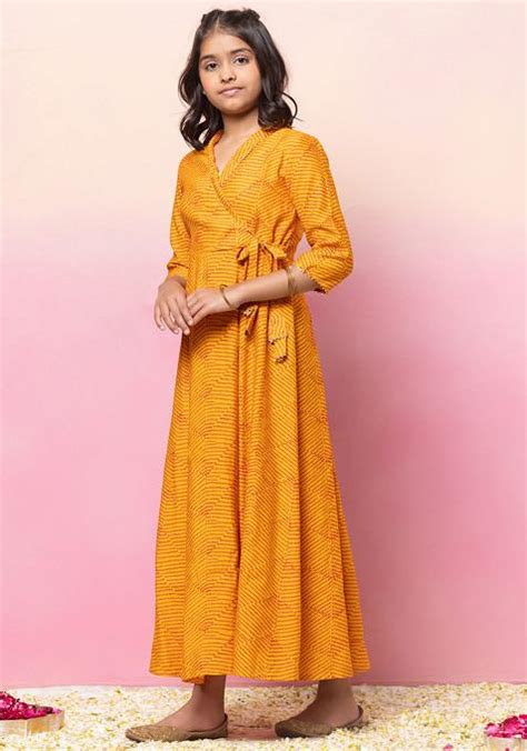 Buy Women Mustard Yellow Bandhani Print Angrakha Anarkali Kurta