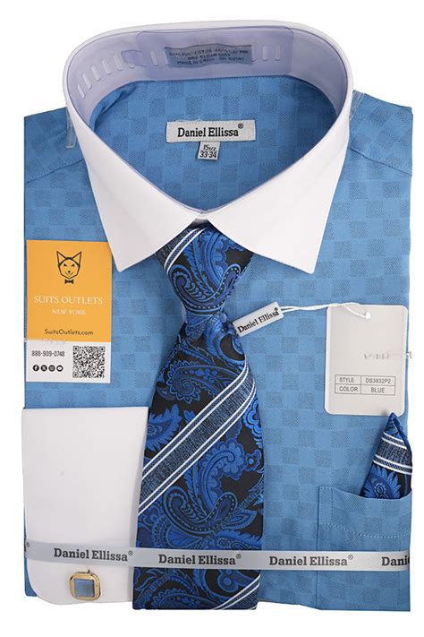 Blue White French Cuff Dress Shirt Set With Tie Cuff Links And Pocket