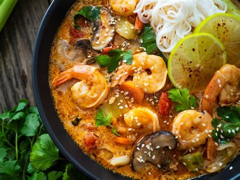 Tom Yam Kung Soup Thai Soup With Shrimps And Rice Noodles Served In