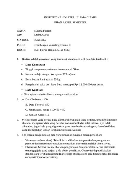 Uas Statistika Lisma Bki Sem 2 Pdf