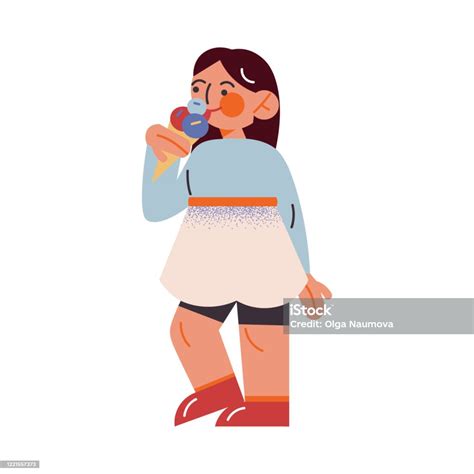 아이스크림과 함께 서 파란색 치마에 귀여운 갈색 머리 소녀 플랫 만화 스타일의 벡터 일러스트레이션 개념에 대한 스톡 벡터 아트