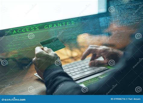 Computer Credit Card And Man Hands For Password Crack Code Or Access