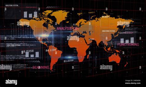 an orange world map on a grid with data processing occurring in the