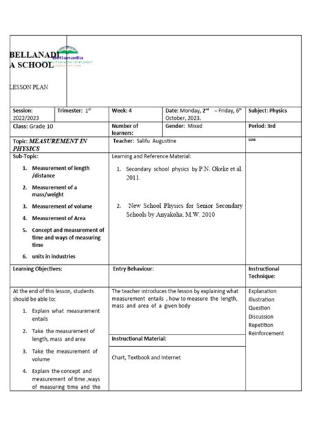 Physics Lesson Plan Grade 10 Week 4 Pdf Weight Fahrenheit