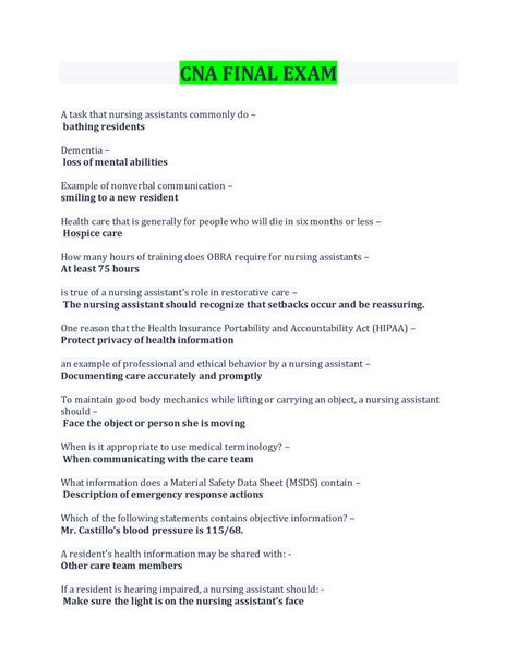 Cna Final Exam 100 Questions Quizlet Multiple Choice 2024 Lorri Malvina