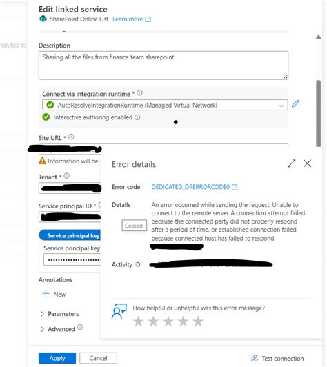 connecting linked services error from sharepoint to synapse microsoft qanda