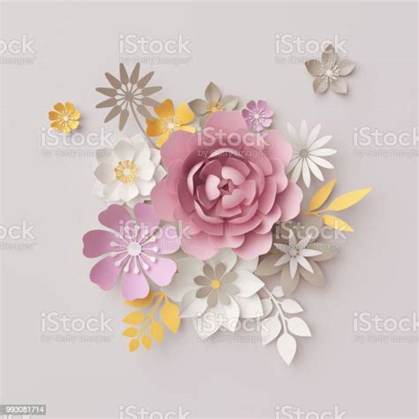 3d 렌더링 회색 절연 파스텔 종이 꽃 식물 배경 아름 다운 꽃다발 꽃 배열 패션 벽지 보육 벽 장식 핑크 장미 모란 데이지 노란 잎 꽃 식물에 대한 스톡 사진 및 기타