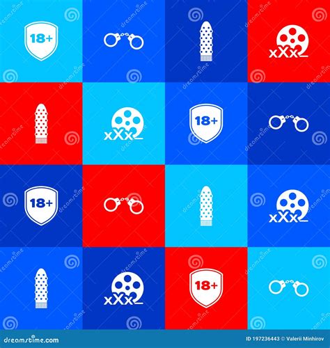 Set Shield With 18 Plus， Caus、dildo振动台和film Reel Sex图标 矢量图 向量例证 插画 包括