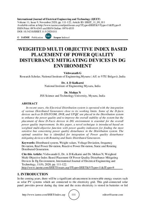 Pdf Weighted Multi Objective Index Based Placement Of Power Quality Disturbance Mitigating