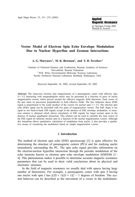 Pdf Vector Model Of Electron Spin Echo Envelope Modulation Due To Nuclear Hyperfine And Zeeman
