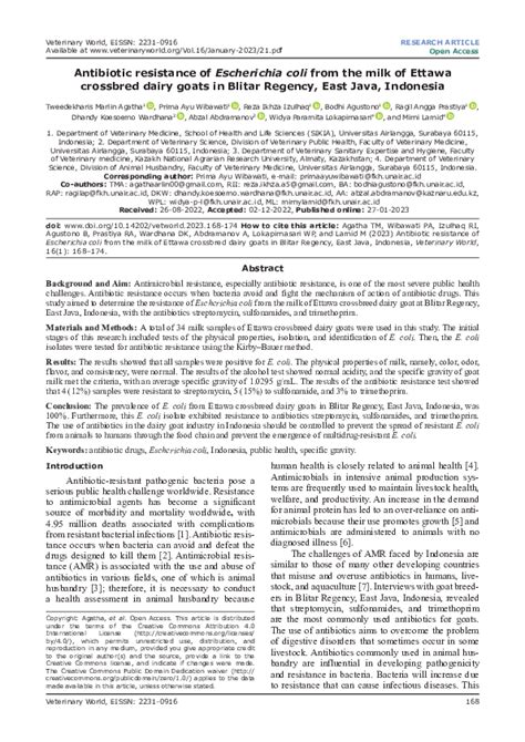 Pdf Antibiotic Resistance Of Escherichia Coli From The Milk Of Ettawa Crossbred Dairy Goats In