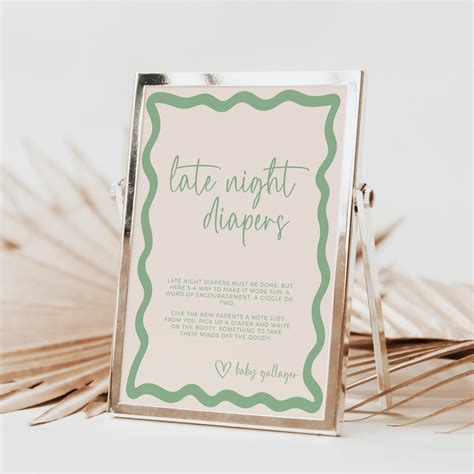 Late Night Diapers Note Sign Sage Green Wavy Retro Border Nappy