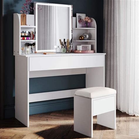 Toeletta Trucco Con Luci LED Specchiera Cassetto Sgabello Bianca Astrid