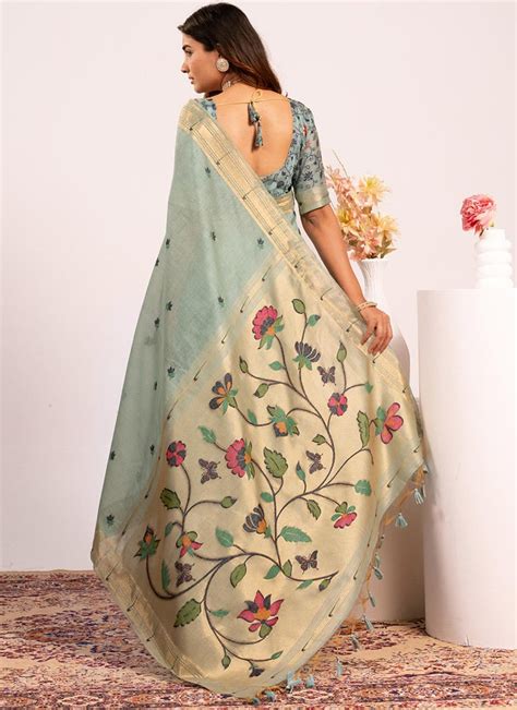 Shop Classic Firozi Muga Cotton Printed Paithani Woven Saree After Six
