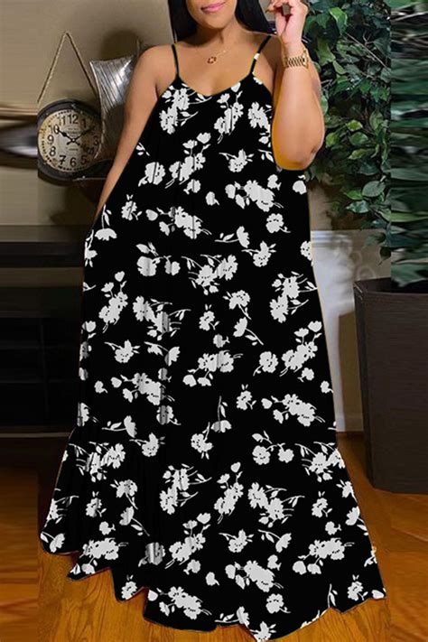 Wholesale Black Sexy Casual Print Backless Spaghetti Strap Long Dress