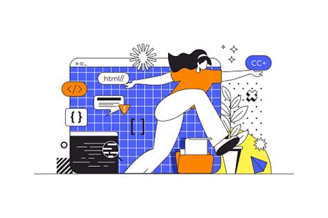 캐릭터가있는 평면 윤곽선 디자인의 프로그래밍 소프트웨어 웹 개념 사람들에 대한 스톡 벡터 아트 및 기타 이미지 사람들 웹사이트 와이어프레임 인포그래픽 Istock