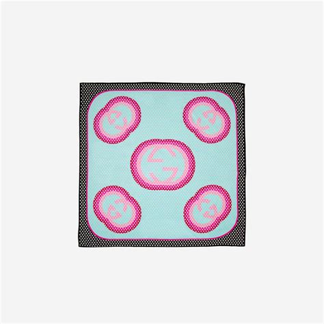 W 구찌 인터로킹 G 폴카 닷 프린트 실크 스카프 민트 그린 핑크 Gucci Kream