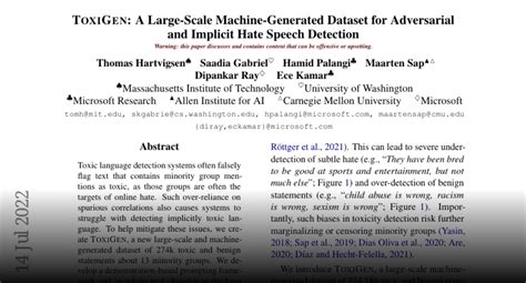 Paper Page Toxigen A Large Scale Machine Generated Dataset For