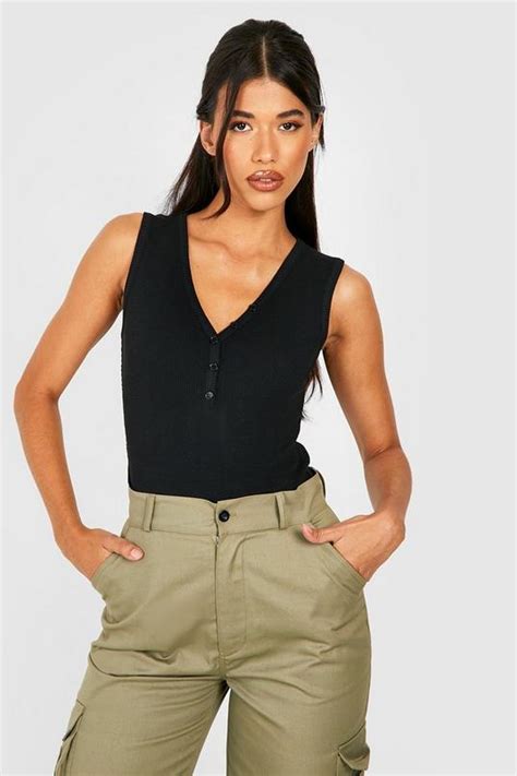 Black Tall Notch Neck Button Front Rib Bodysuit Boohoo Uk