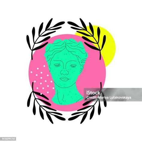 골동품 산 동상 추상적 인 현대 포스터 또는 인쇄물 그리스 또는 로마 조각 여성 머리 기하학적 및 식물 요소 벡터 만화 평면