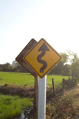 교통 표지판 도로와 커브를 조심하고 천천히 운전하고 시골 고속도로에서 전방의 커브와 저녁의 아름다운 청백색 하늘을 조심하십시오 0명에 대한 스톡 사진 및 기타 이미지