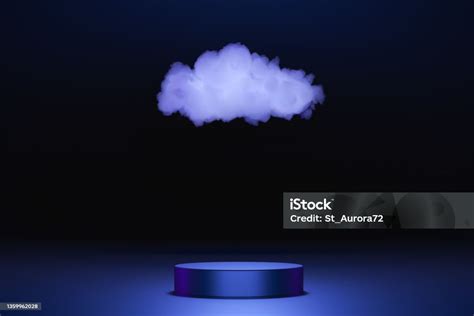 클라우드로 브랜딩 및 패키징 프레젠테이션을 위한 미래지향적인 연단 판타지 컨셉 기술 쇼케이스 모형 네온 라이트와 제품 디스플레이