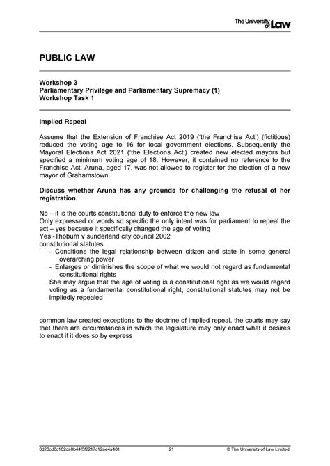 Public Law Unit 3 Ws 1 Notes Public Law Workshop 3 Parliamentary Privilege And Parliamentary