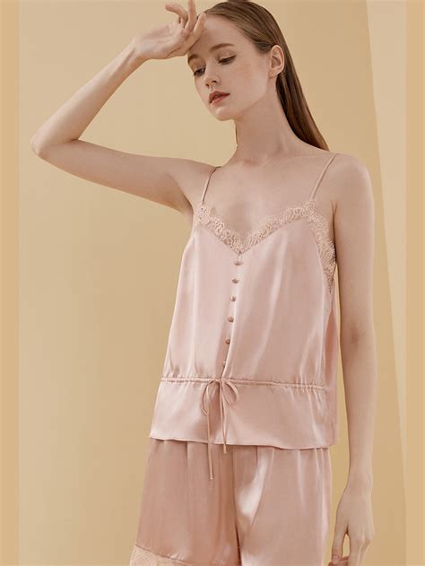 Lace Decoration Spaghetti Straps Pink Two Piece Silk Camisole Set