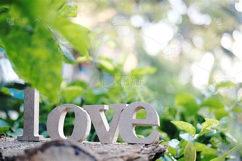 木地板上的木制字母“love”。爱文字，自然花园。用于情人节的概念背景。木制字母和单词。副本的空间。